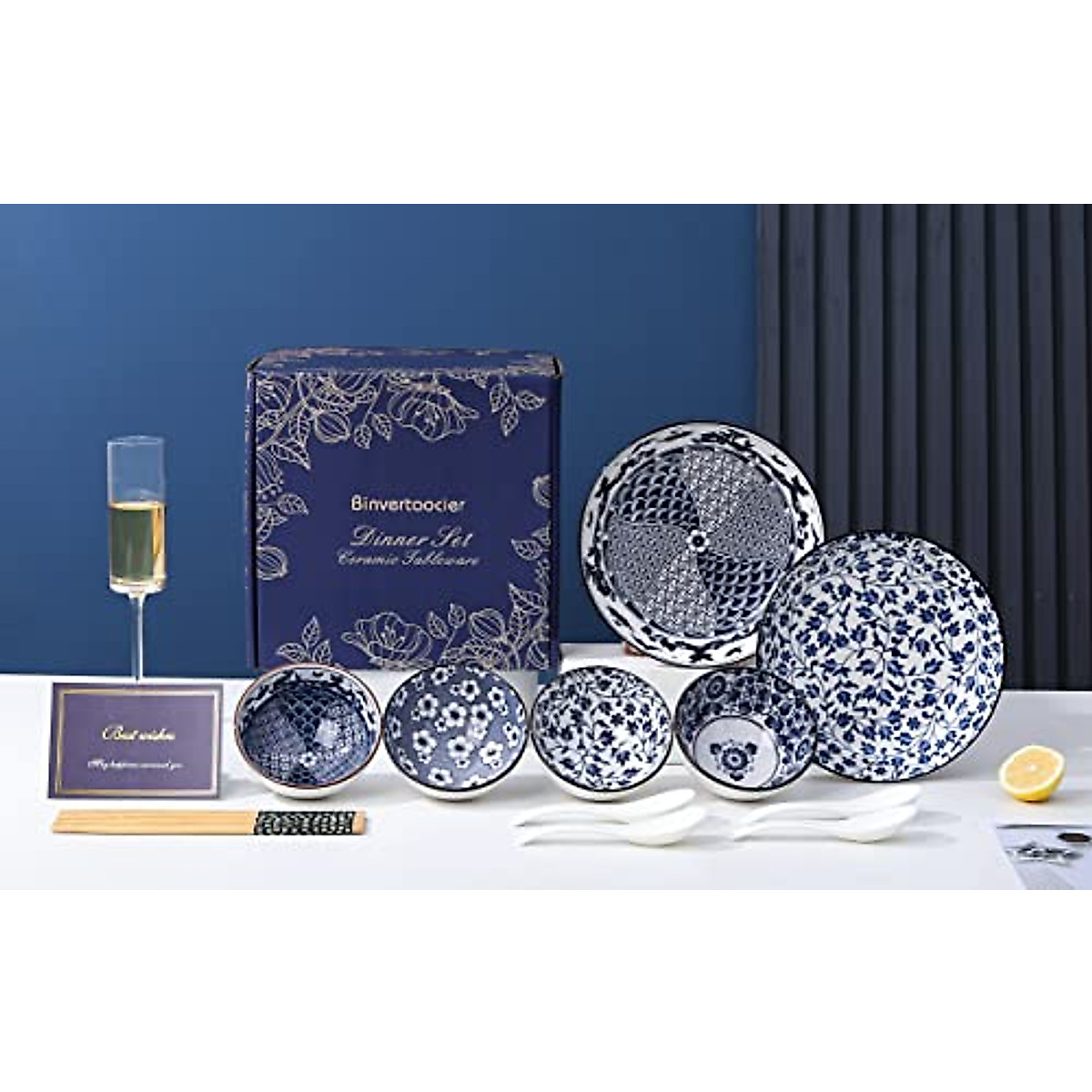 Binvertaocier 14-Piece Porcelain Asian Bowls Set with Spoons Rice Bowls with Chopsticks 10 Oz Bowls,Small Soup Bowls,Asian Plates and Bowls Set, (Vintage blue)