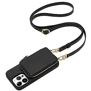 ZVE for iPhone 15 Pro Wallet Case (6.1 inch), Crossbody Phone Purse with Card Holder for Women, Zipper Leather RFID Blocking Carrying Cover with Wrist Strap for iPhone 15 Pro- Black