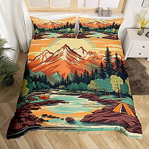 Mountain River Duvet Cover Set Queen Size,Retro Adventure Theme Comforter Cover 3Pcs,Nature Scenery Tent Bedding Set Kids Boys Girls Room Decor,Camping Bedspreads Cover,2 Pillowcases(NO Comforter)