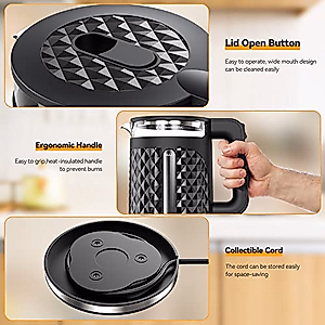 Electric Kettle, 1.7L Hot Water Kettles Upgraded One Wipe Clean Bottom, Quiet Water Boiler with LED Indicator, Glass Tea Kettles for Boiling Water, Auto Shut-Off & Boil-Dry Protection, Black