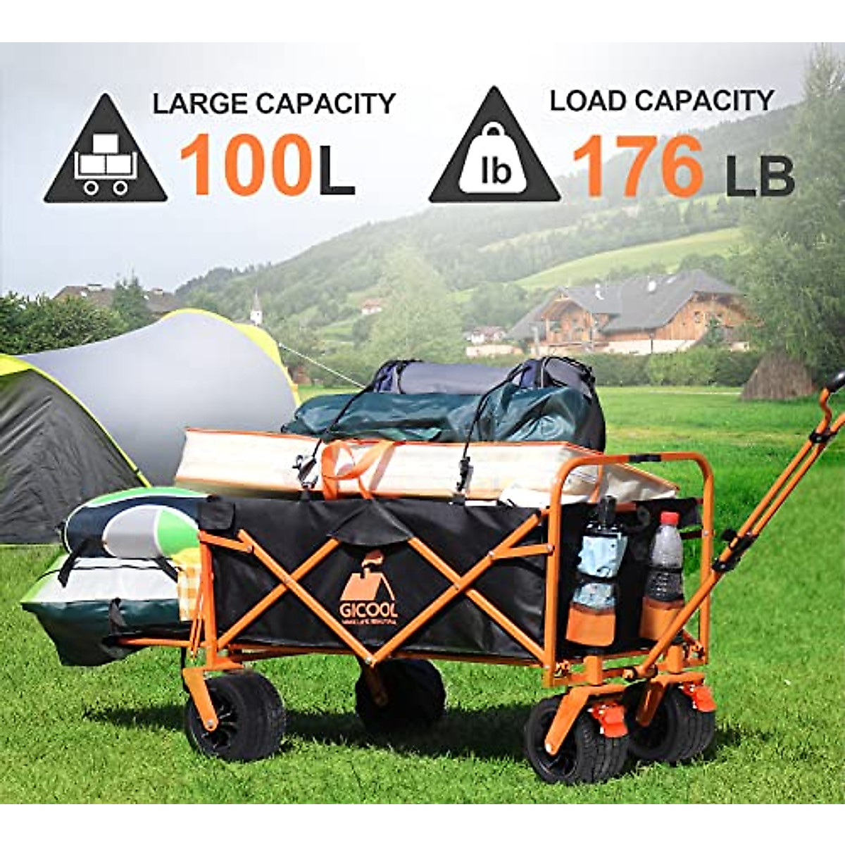 GICOOL Collapsible Heavy Duty Wagon Cart with Big Wheels & Brake, Large Capacity Folding Utility Wagon Cart, for Pet Sand Outdoor Camping Garden Works Shopping, with Two Elastic Ropes
