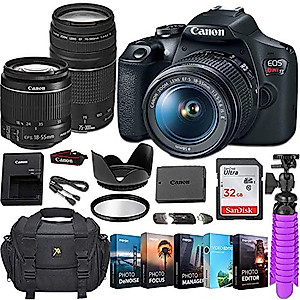 Canon EOS Rebel T7 DSLR Camera w/ 2 Canon Lenses (18-55mm f/3.5-5.6 is II and EF 75-300mm f/4-5.6 III)+ Photo/Video Editing Software & Deluxe Accessory Kit (Renewed)