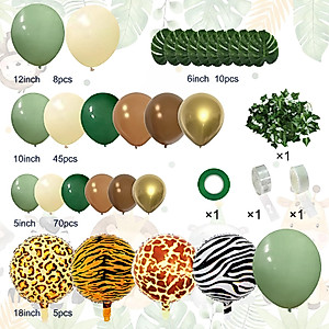 iLaFm 142pcs Safari Jungle Wild One Balloon Garland Arch Kit Sage Green and Brown Balloons with Animal Print Balloons Palm Leaves for Woodland Tropical Birthday Party Supplies Baby Shower Decorations