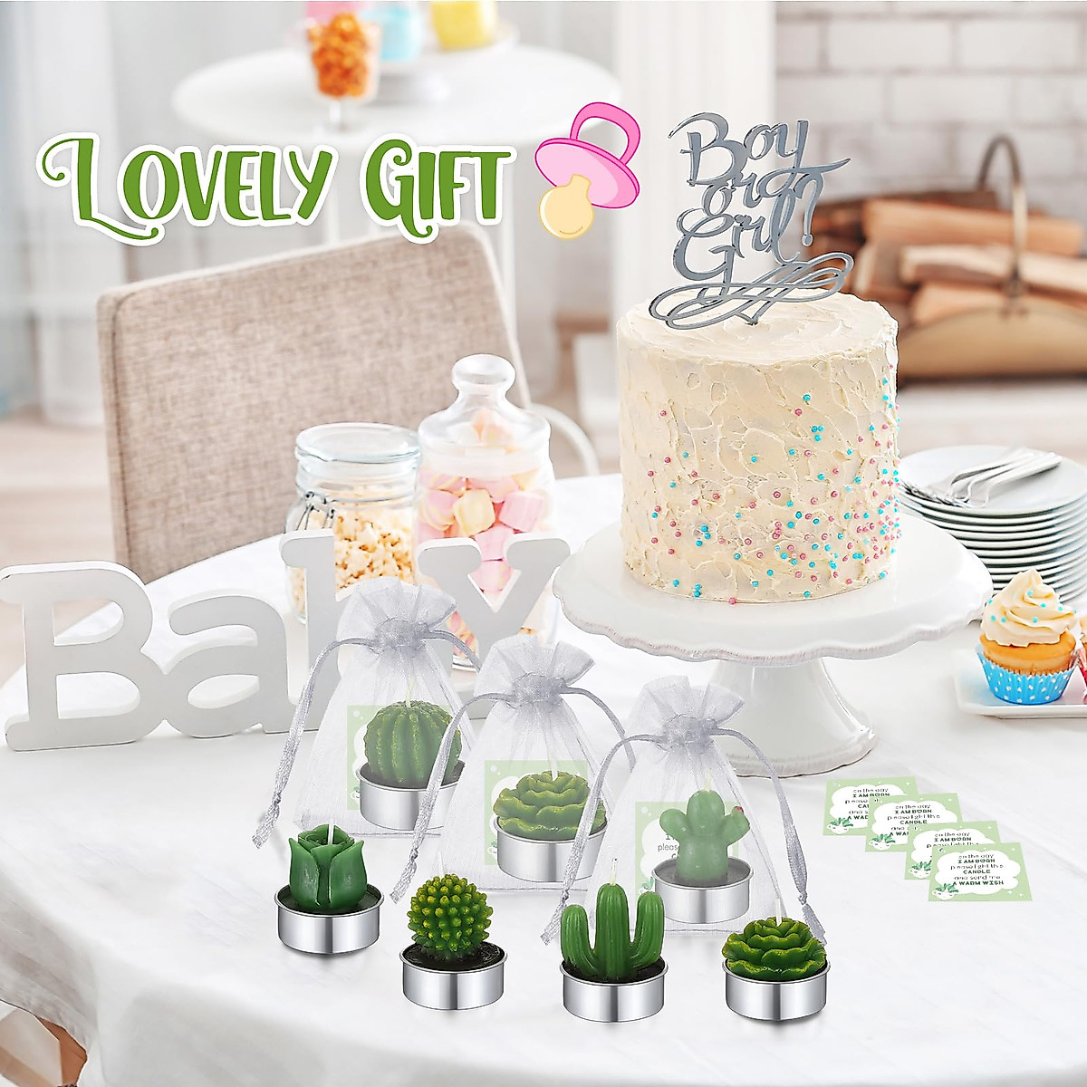 MTLEE 48 Sets Baby Shower Favors Include 48 Succulent Pumpkin Shaped Candles Fall Mini Plants Tea Lights Candles with 48 Invitations Cards and 48 Organza Bags for Baby Gender Reveal Guests(Succulent)
