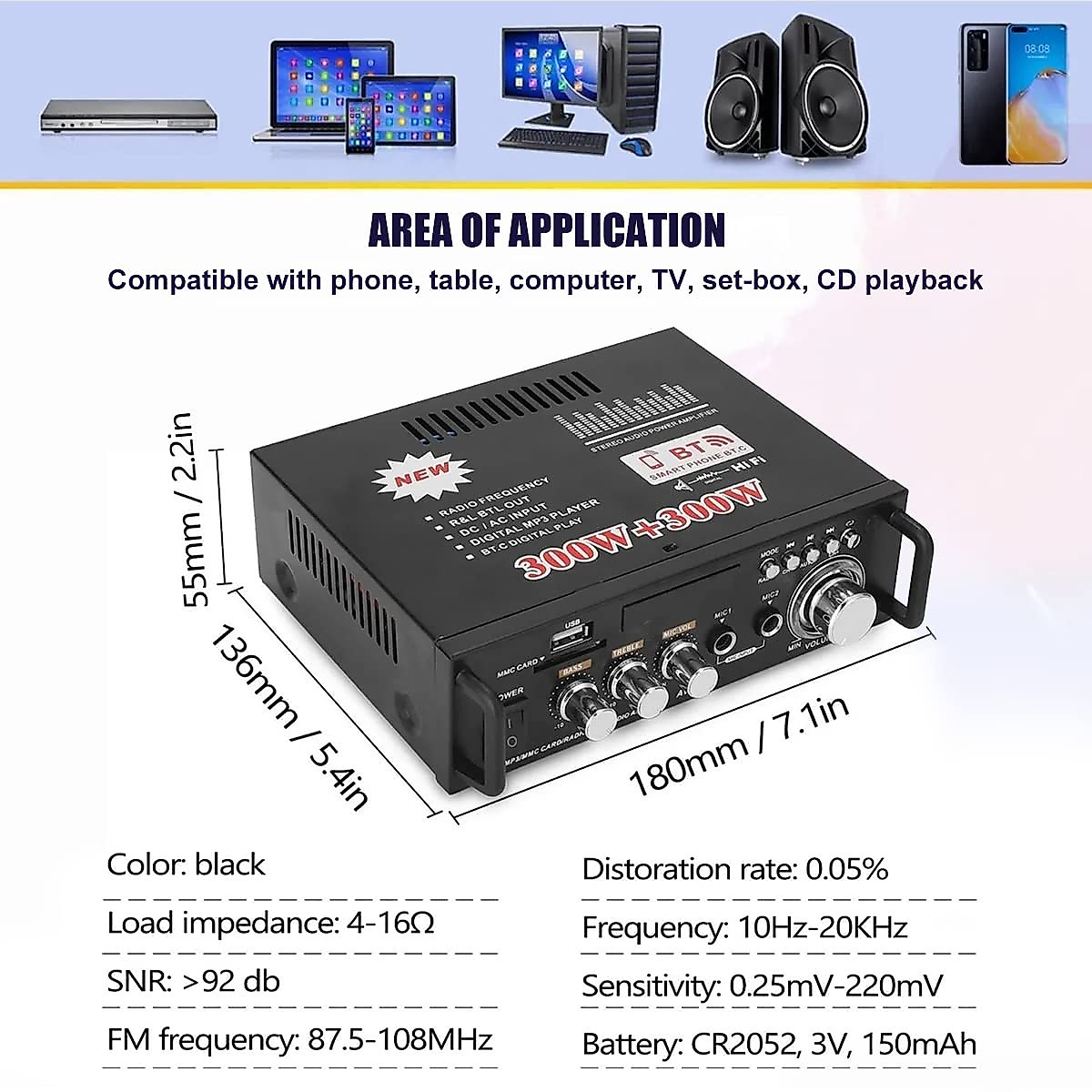 Etlephe 298A Mini Bluetooth 5.0 Stereo Amplifier,Amplifier home Audio,Audio Receiver,300W+300W 2 Channel Power Sound Receiver/USB,SD Card,FM Radio,2 Mic for Home Speakers & Theater System-12V 110V