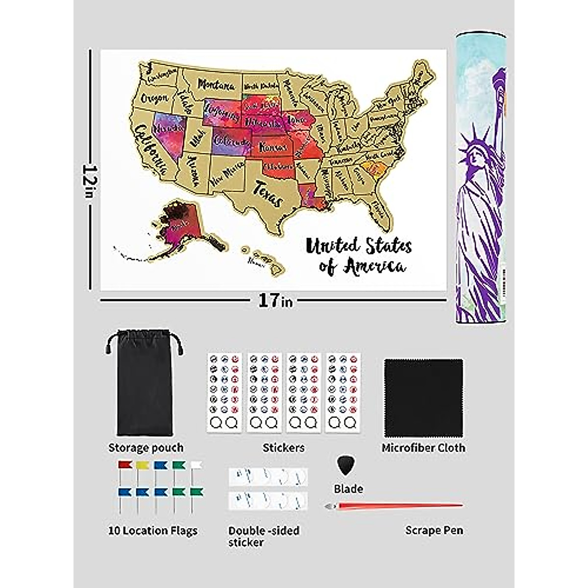 JARLINK Scratch Off USA Map Poster, 12x17 inches United States Map with Unique Accessories Set, Personalized Travel Poster, Gift for Travelers