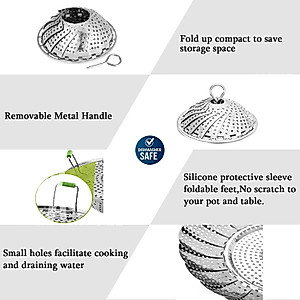 Steamer Basket Stainless Steel Vegetable Basket Metal Handle Folding Silicone Feet Steamer Insert for Cooking Veggies Fish Seafood Include Safety Tool,Fit Various Pot Pressure Cooker (7" to 11")