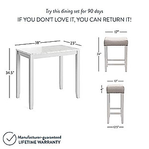 Nathan James Viktor 3 Piece Dining Set, Heigh Kitchen Counter Pub or Breakfast Table with Marble Top and Fabric Wood Base Seat, Light Gray/White
