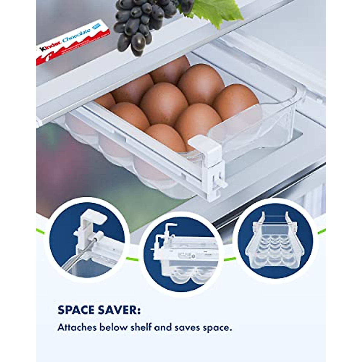 Skywin Refrigerator Egg Drawer - Snap-on Egg Holder for Refrigerator Organizes and Protects Eggs - Adjustable and Space Saving Egg Storage Container For Refrigerator
