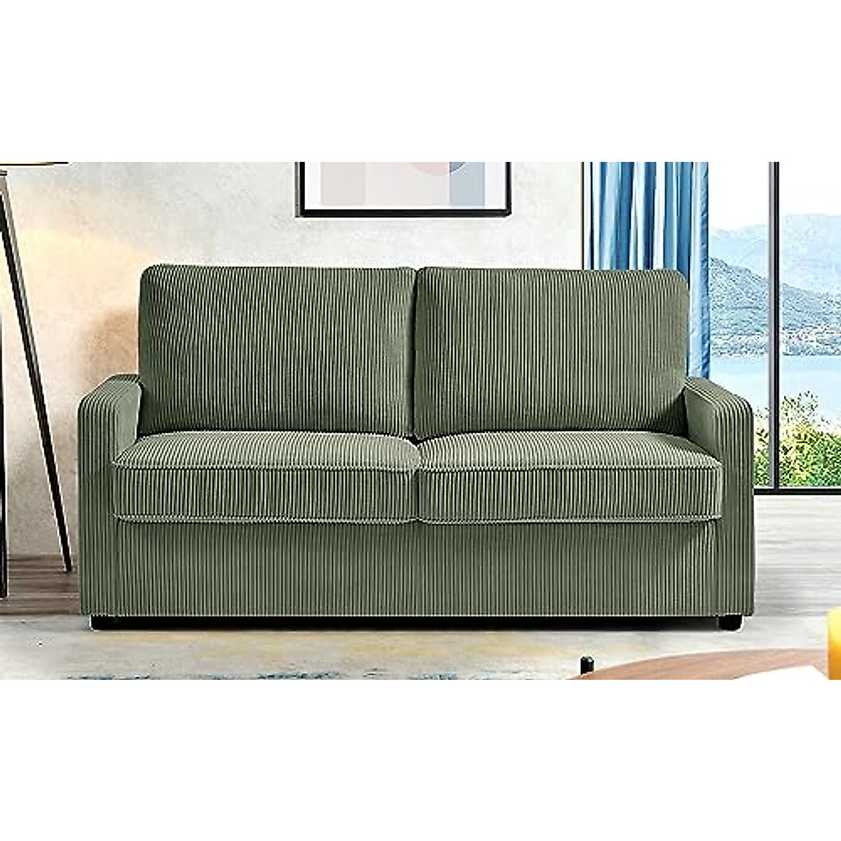 Container Furniture Direct Reversible Sleeper Sofa with Memory Foam Mattress, Comfortable and Durable Queen Size Bed Couch for Living Rooms, Upholstered with Corduroy Fabric, 70" Wide, Dark Green