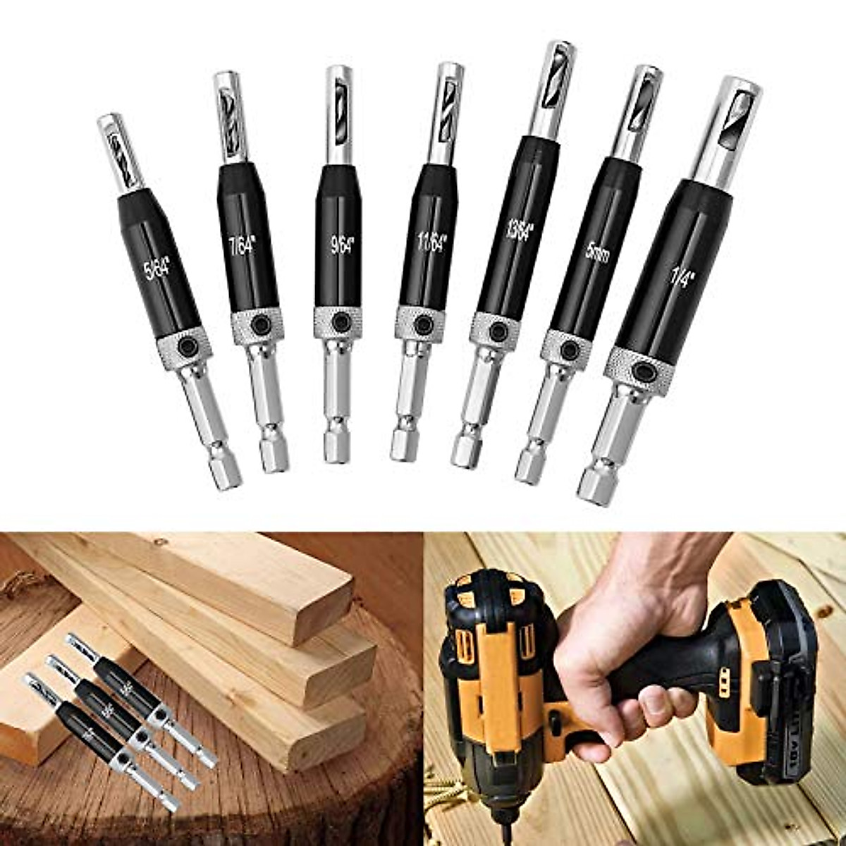 22Pcs Center Drill Bit Set,Self Centering Hinge Tapper Core Hole Puncher 5/64'' 7/64'' 9/64'' 11/64'' 13/64'' 5mm 1/4'' & 1 Pcs Hex Key & 10 Pcs Replacement Drill Bits +1 Center Punch