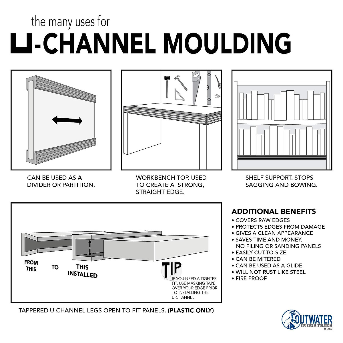 Outwater Plastics White 5/8'' Styrene Plastic U-Channel/C-Channel 36 Inch Lengths (Pack of 4)