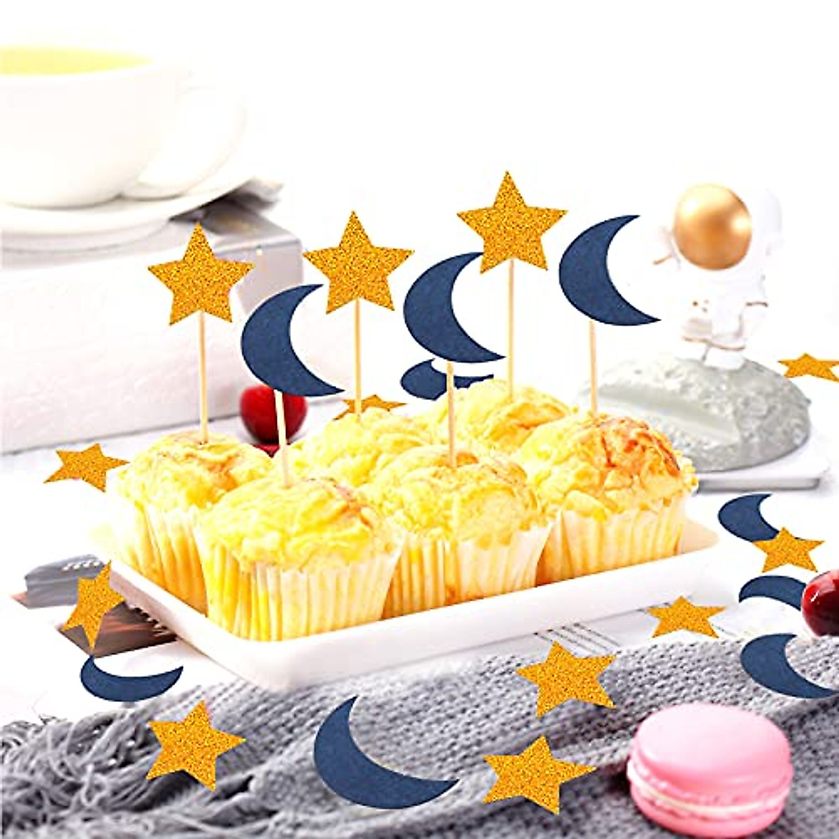 Navy-Blue Moon Gold Star Confetti - 300pcs Glitter Twinkle Little Star Table Confetti Eid Ramadan Mubarak Decoration Birthday Wedding Baby Shower Party Decor Lasting Surprise