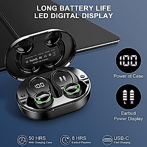 Headphones Bluetooth 5.3 Wireless Earbuds ENC Noise Cancelling Mic, Bass Stereo Over Ear buds with Earhooks, 48H Playback and Dual LED Display, IP7 Waterproof Earphones for Sports/Workouts/Gym/Gaming