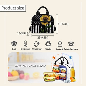 Drydeepin Sunflower American Flag 4Th Of July Design Lunch Bags for Women Portable Lightweight Patriotic Lunch Tote Bag Handbag wth Adjustable Shoulder Strap Insulated Reusable Lunch Box