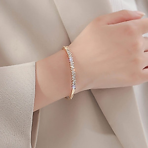 Cowlyn Open Cuff Bangle Cubic Zirconia Classic Tennis Bracelet 14K Gold Plated Jewelry for Women Women