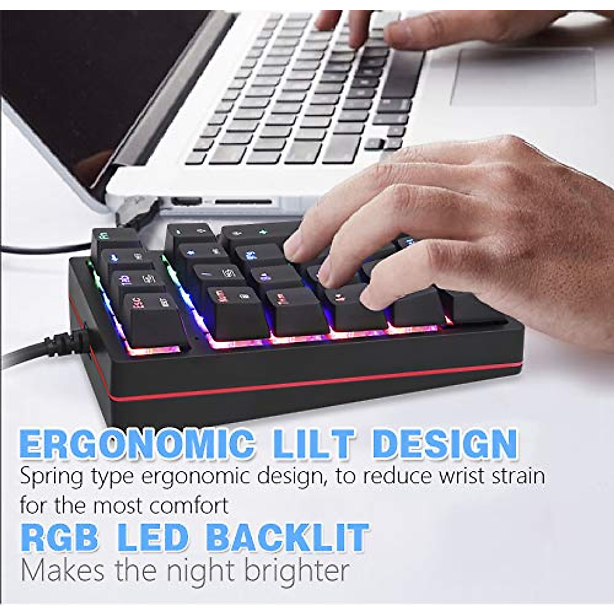MOTOSPEED Macro Mechanical Numeric Keypad USB Wired 21 Keys Mini Numpad Portable Keypad RGB Backlight Gaming Keypad Extended Layout for Cashier(Fully Programmable Keys)