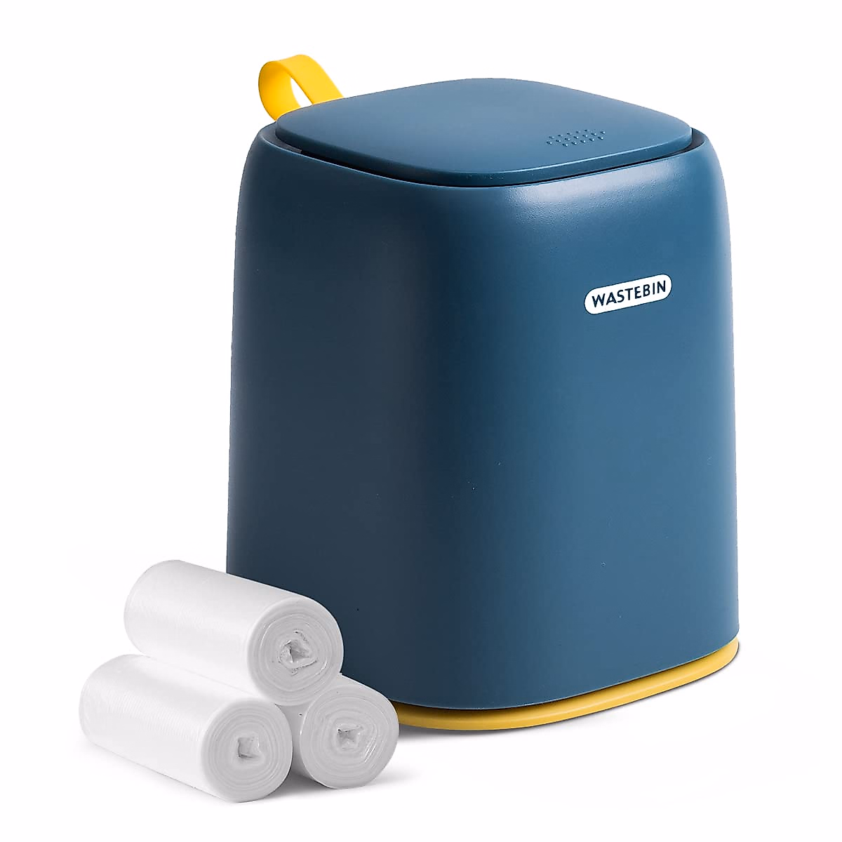 GILIF Tiny Desktop Trash Can with Lid,Mini Waste Bin with Push Button Cover with 90pcs Trash Bags,Modern Cute Small Little Plastic Countertop Garbage Bin for Car,Bathroom,Kitchen,Laundry Room (Blue)