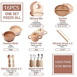 16 Pcs Baby Led Weaning Supplies Silicone Baby Feeding Set Baby Plates with Suction Baby Utensils with Divided Adjustable Bib Bowl Cutlery Snack Cup Spoons Straw 6 Months+ (Walnut, Beige)