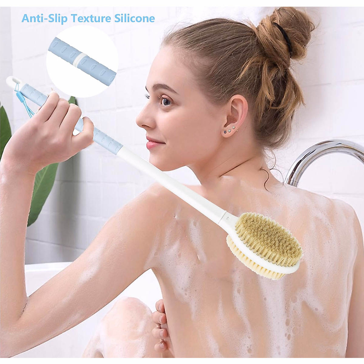 Arswin Shower Brush with Soft and Stiff Bristles,Back Scrubber 20.5" Extra Long Anti-Slip Handle Dual-Sided Bath Brush Body Exfoliator for Wet or Dry Brushing