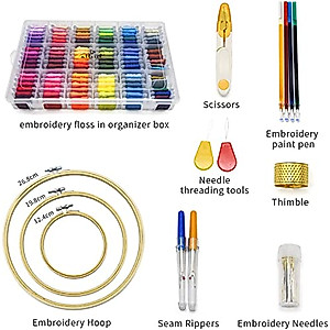 ATTERET Full Range Embroidery and Cross Stitch Starter Kit with Premium Storage Organizer Bag, Includes 99 DMC Coded Cotton Threads, 9 Metallic Floss, 3 Hoops, Needles, Scissors + More (Purple)