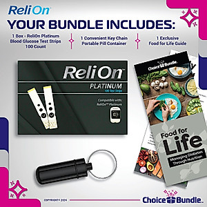 ReliOn Reli On Platinum Blood Glucose Test Strips 100 Ct Choice Bundle | Includes Food for Life Guide & Portable Pill Container (3 Items)!