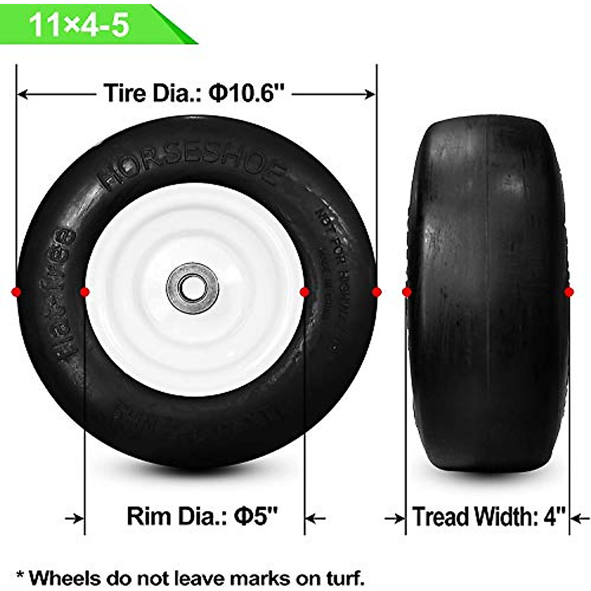 N12 2 New HORSESHOE 11x4.00-5 Flat Free Smooth Tires w/Steel Rim for Zero Turn Lawn Mower Garden Tractor - Hub length 3inch-5inch with 3/4inch OD Axle Shaft 114005 T161