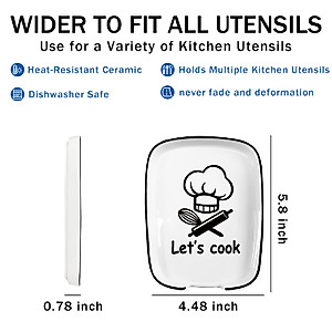 Ceramic Patterned Fork Spoon Rest with Message Let's Cook, Functional Kitchenware Spoon Rest Suitable for Kitchen Countertop or Stove Top Kitchen Accessory and Gift for Cooking Enthusiasts