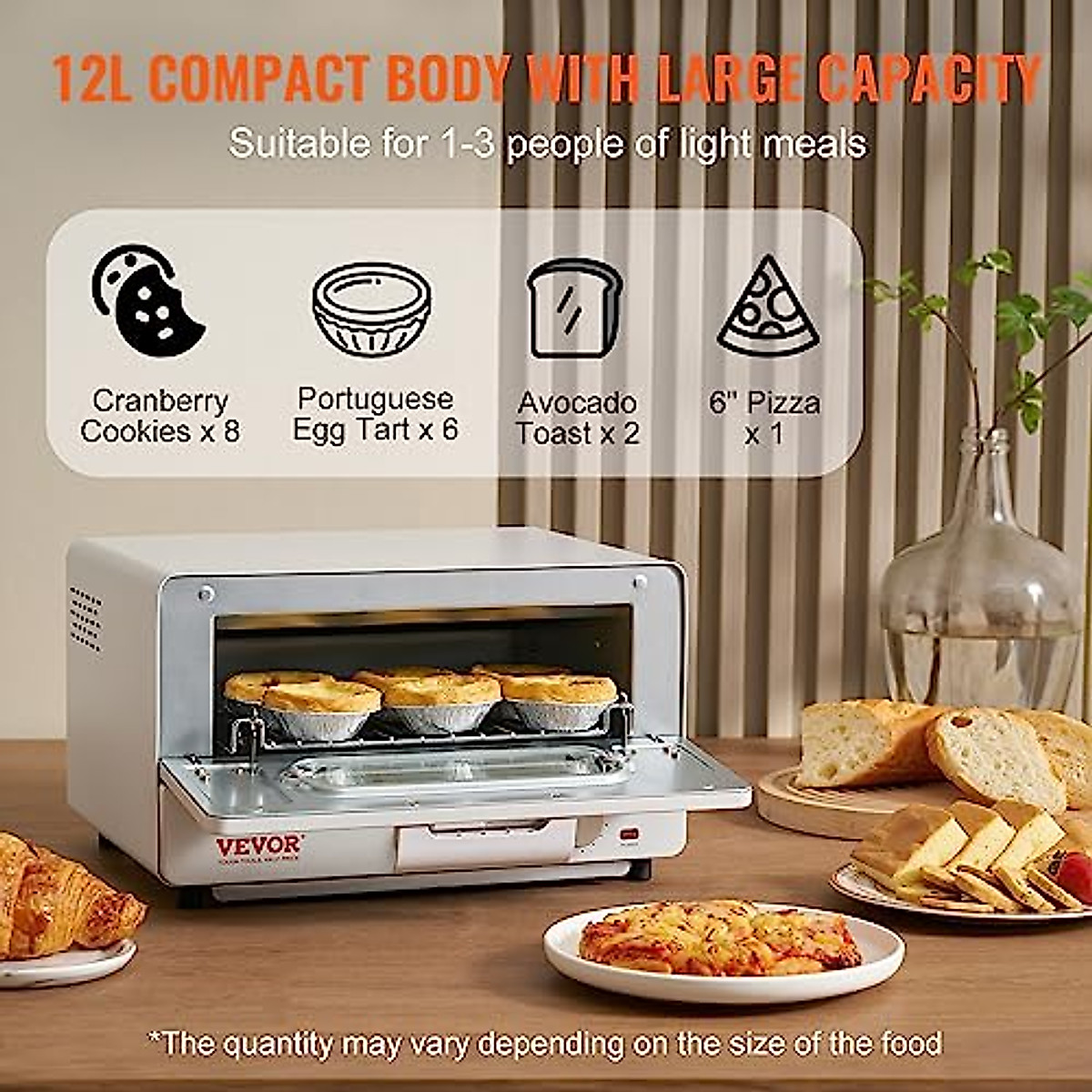 VEVOR 5-IN-1 Steam Oven Toaster, 12L Convection Oven, 1300W Steam Toaster Oven Countertop Combo with Grill, Pizza Pan, Gloves, 2 Slices Toast, 6-inch Pizza, Home and Commercial Use
