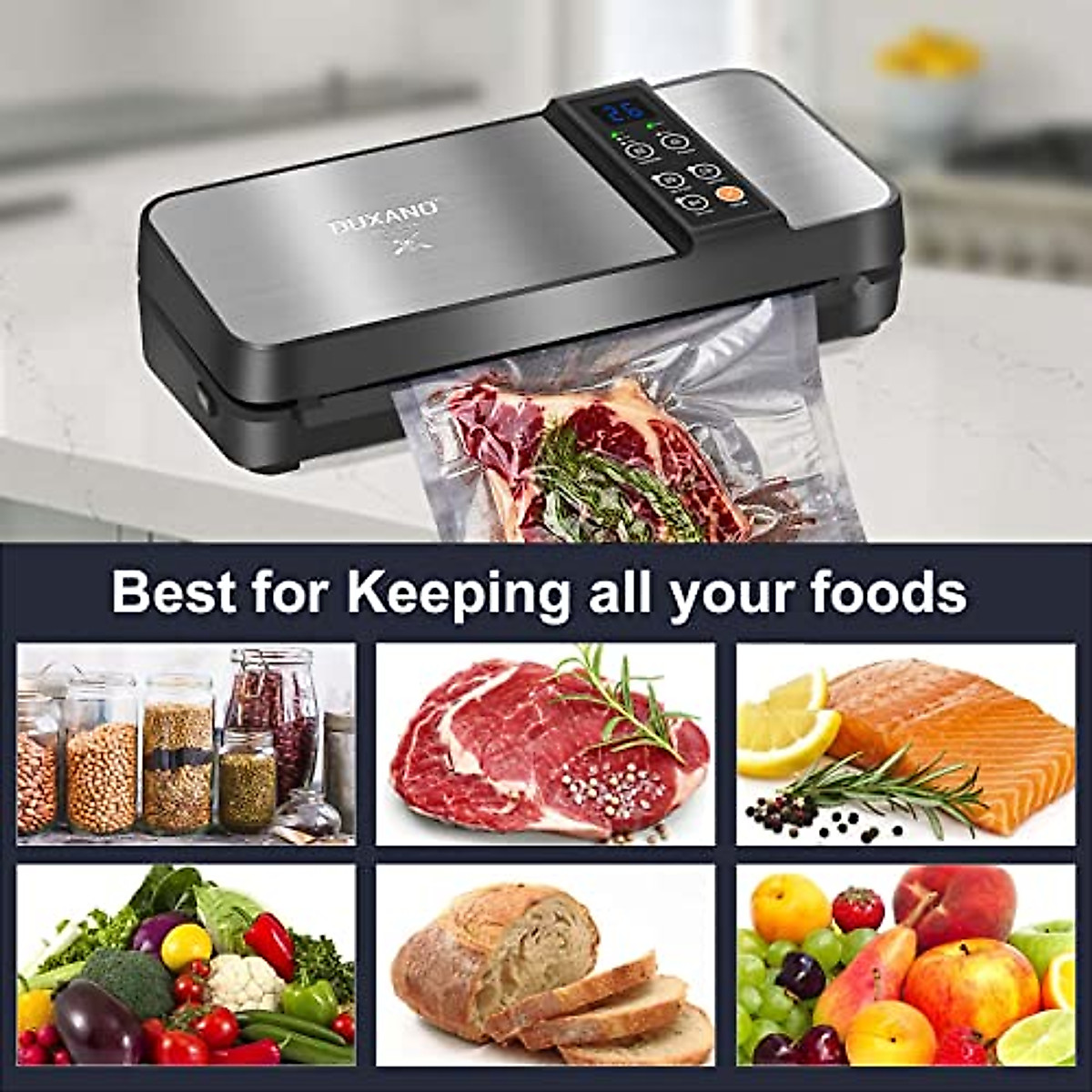 DUXANO Vacuum Sealer Machine, 85kPa Pro Vacuum Food Sealer with Built-in Cutter and Bag Storage (2 bag rolls)