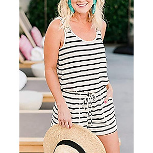 REORIA Womens Casual Summer One Piece Sleeveless Tank Top Striped Playsuits Workout Yoga Short Jumpsuit Beach Rompers White+Black Large