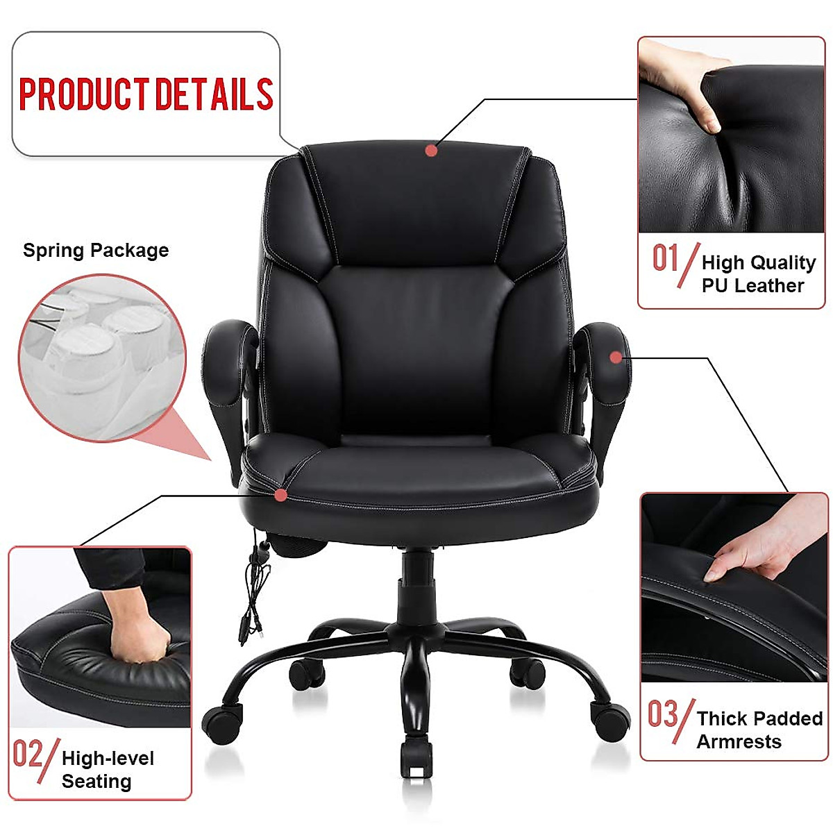 BESTOFFICE FURNITURE 400lbs Wide Seat Ergonomic Desk Massage Computer Lumbar Support Armrest Swivel Rolling Executive PU Leather Adjustable Task Chair for Adults Women, Black