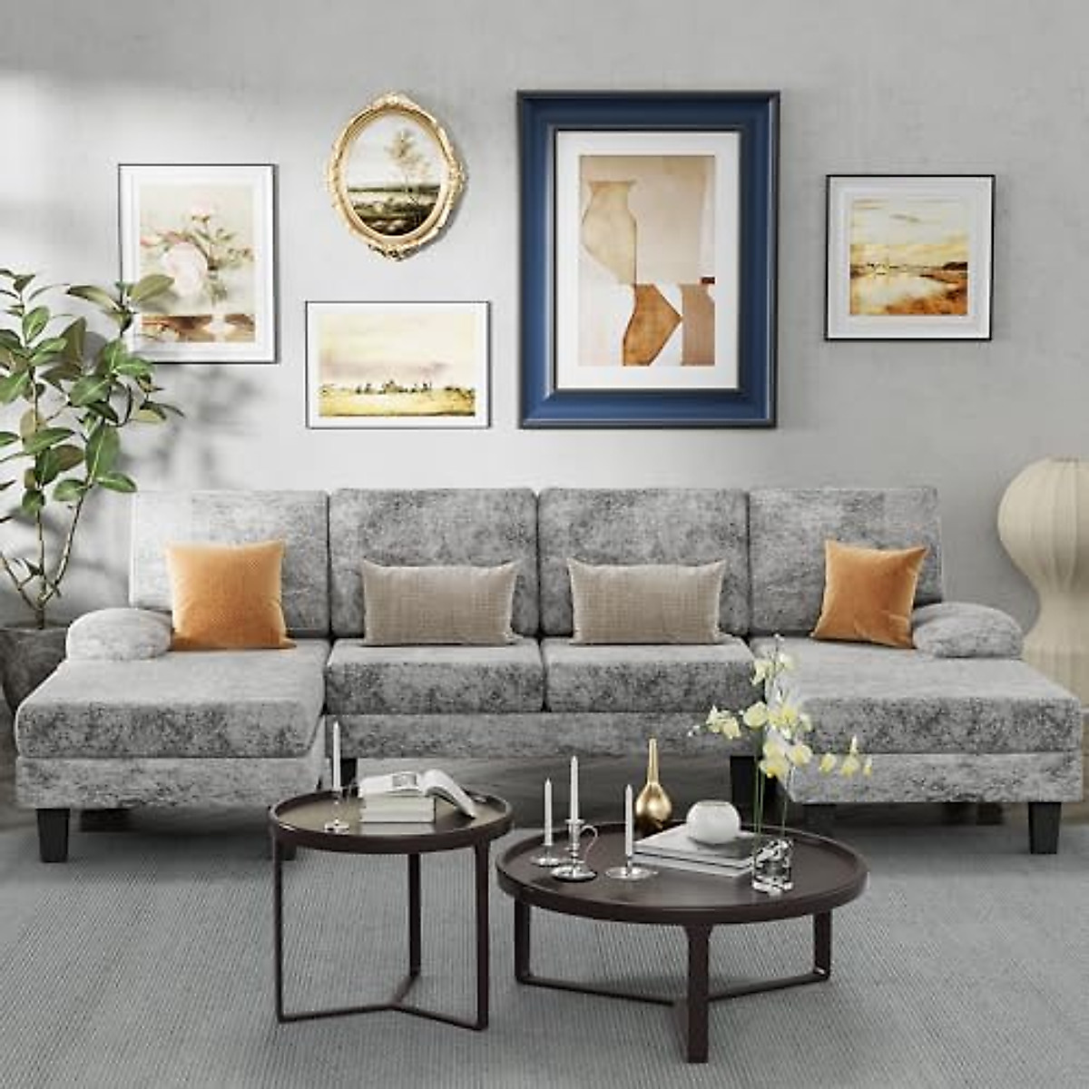 Shahoo Sectional Couch Living Room Sets Chenille Fabric U-Shaped Sofa with Double Chaises, Dark Gray
