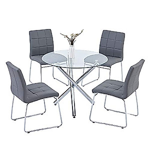 STYLIFING 5 Pieces Dining Room Table Set for 4 Round Clear Tempered Glass Top+4 Grey Faux Leather Kitchen Dining Room Table and Chairs Set for 4 Person Modern Kitchen & Dining Room Sets for Home