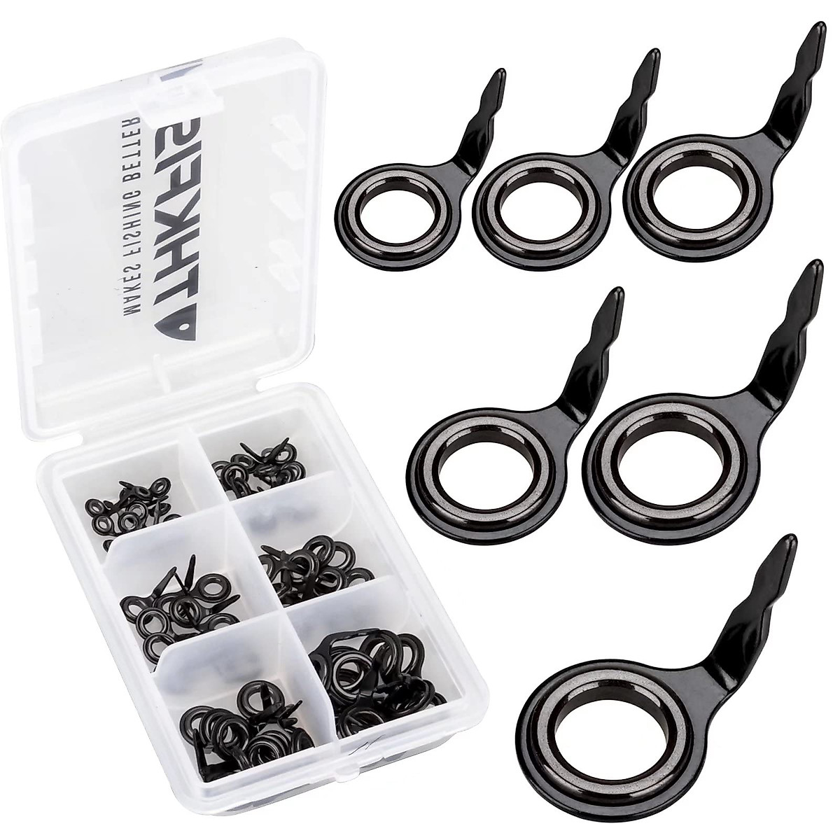 THKFISH Fishing Rod Guides Fishing Rod Repair Kit Baitcasting/Spinning Rod Guides Ceramics Stainless Steel Carbon Guide Repair Black- Frame 60pcs
