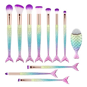 Makeup Brush Set 11pcs, Premium Synthetic Mermaid Make Up Brushes for Blush Highlight Concealer Fan Cute Cosmetic Brushes Collection