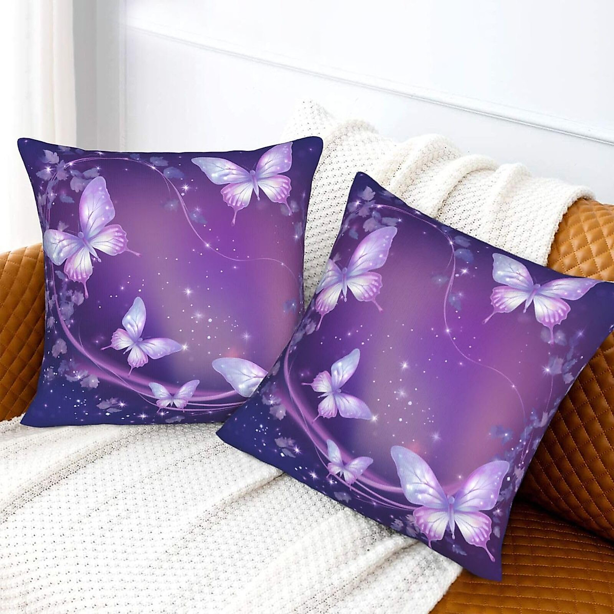 Ouqiuwa Purple Butterfly Throw Pillow Covers Set of 2 16"x16" Square Decorative Sparkle Star Pillowcase Cushion Cover for Bedroom Living Room Car