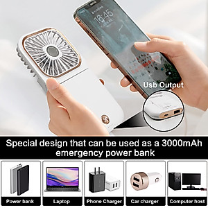 MQ 5 in 1 Mini Portable Fan, Foldable Personal Fan with Lanyard Rechargeable 3 Speed Adjustable, as 3000mAh Power Bank, Handheld Fan, Neck Fan, Desk Fan, Phone Holder, Indoor Outdoor Small Fan, White