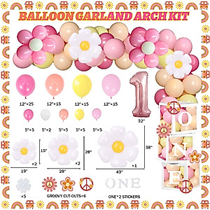 125 PCs Groovy One Party Decorations, Fiesec One Groovy Baby Birthday Decorations Girl Boho Daisy Hippie First Party Backdrop Balloon Garland Monthly Photo Highchair Banner Cake Topper Crown Poster