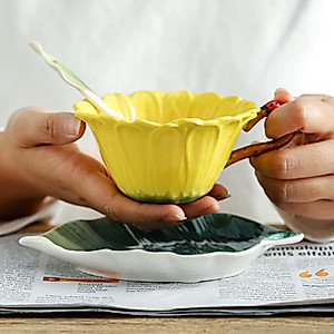 Beddinginn Colorful Tea Cups and Saucers, Sunflower Coffee Cup and Saucer Set with Spoon, China Hand Crafted Tea Set (Yellow)