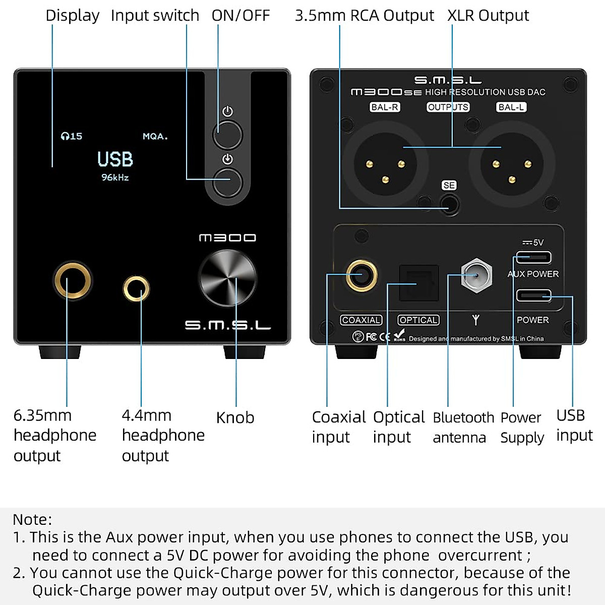 S.M.S.L Upgraded M300SE HiFi Headphone Amplifier, 2PCS of CS43131 MQA Audio DAC, USB/Optical/Coaxial/Bluetooth Input DSD MQA XMOS Balanced XLR Output THD+N 0.00013% with Remote Control