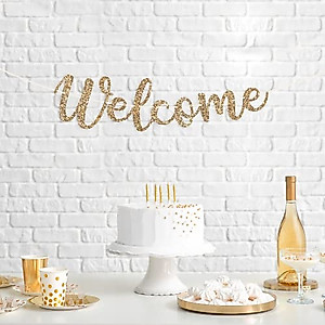Pre-Strung Welcome Banner - NO DIY - Gold Glitter Welcome Banner in Script - Pre-Strung on 6 ft Strand - Classroom, Office, Front Door, Baby & Bridal Showers Party Decorations. Did we mention no DIY?