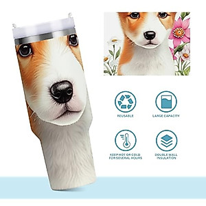 ODAWA Stainless Steel Tumbler Large with Lid and Straw, Puppy Flowers Travel Coffee Tumbler