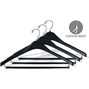 Heavy-Duty Black Plastic Suit Hanger with Locking Wooden Pant Bar, (Box of 100) 1/2 Inch Thick Curved Hangers for Uniforms and Coats by The Great American Hanger Company