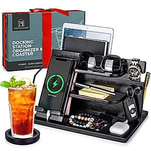 Parkway Home Black Wood Phone Docking Station - Wood Charging Station Organizer Stand, Bedside Nightstand Organizer for Men and Women, Holds Phone, Tablet, Keys, Glasses, EDC and more