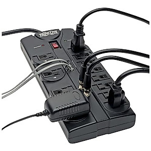 Tripp Lite TLP1208TELTV 12 Outlet Surge Protector Power Strip, 8ft Cord, Right-Angle Plug, Tel/Modem/Coax Protection, RJ11, & Dollar 150,000 Insurance Black