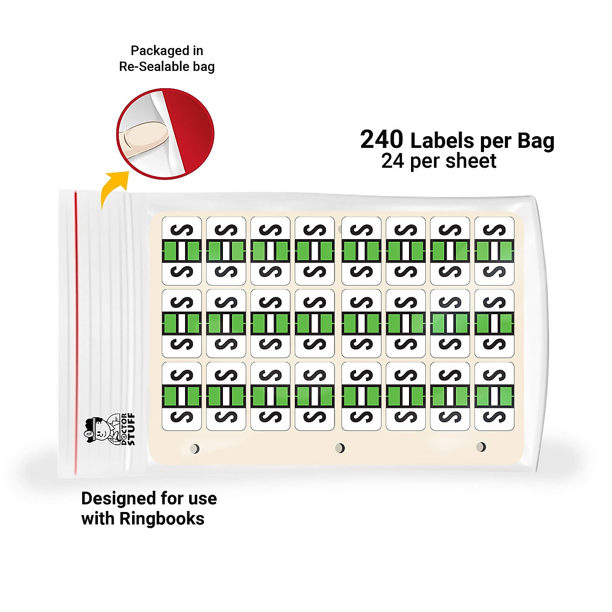 Doctor Stuff - File Folder Labels, Ringbook Sheets, Alphabet Letter S, POS 2000 - PP3R Match Compatible Alpha Stickers, Light Green, 15/16" x 1-5/8", 240 Labels per Pack