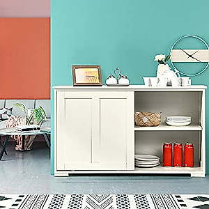 Costzon Kitchen Sideboard, Antique Stackable Storage Cabinet with Height Adjustable Shelf,Sliding Door,Wooden Cupboard Server Buffet Console Table for Home Dining Room Entryway (Cream White)