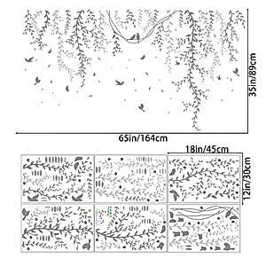 Hanging Willow Branch Wall Stickers DIY Grey Vine Leaf Plant Wall Decals Peel and Stick Grass Birds Butterfly Art Mural Decortions for Kids Baby Girls Nursery Bedroom Living Room Offices Classroom