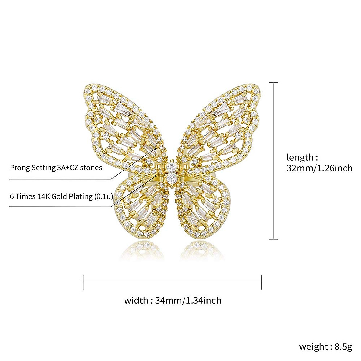 Gold Adjustable Butterfly Rings for Women Cubic Zirconia Ring Jewelry (Gold)